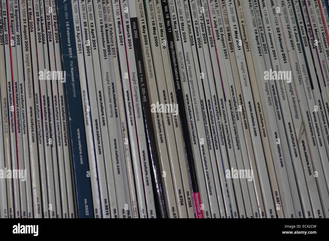 Scientific journals stacked on the library shelves Stock Photo - Alamy