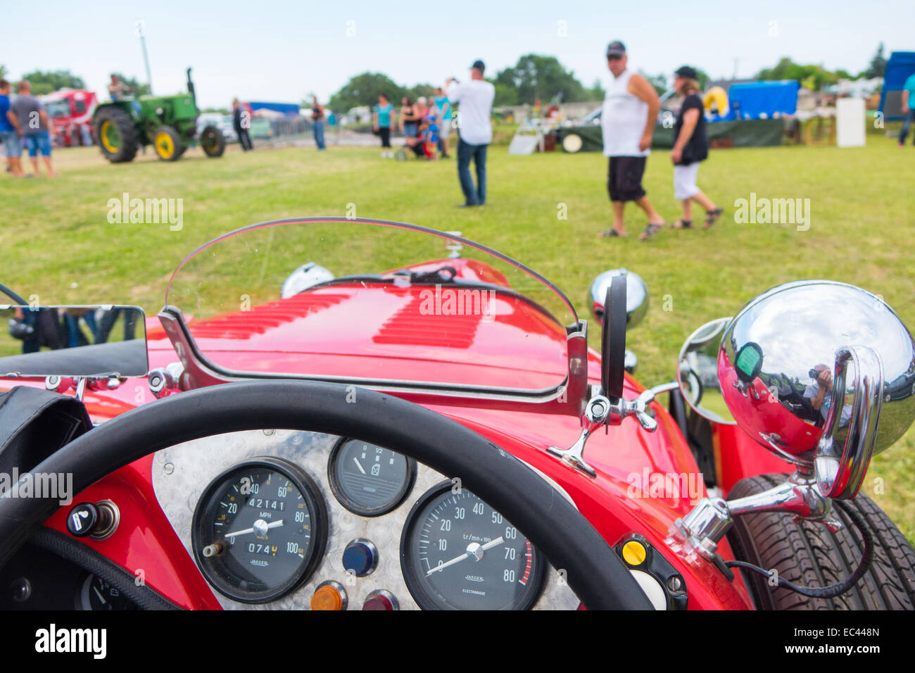 Three wheel kit car in red at the Locomotion Day in Francueil, France ...