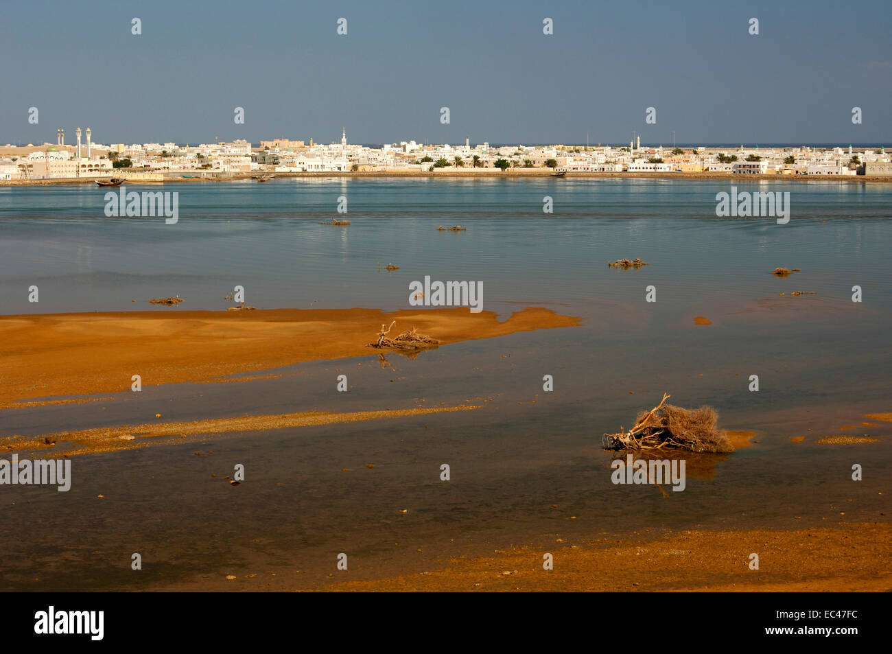 View across the blue lagoon at the harbour town Sur at the Gulf of Oman ...