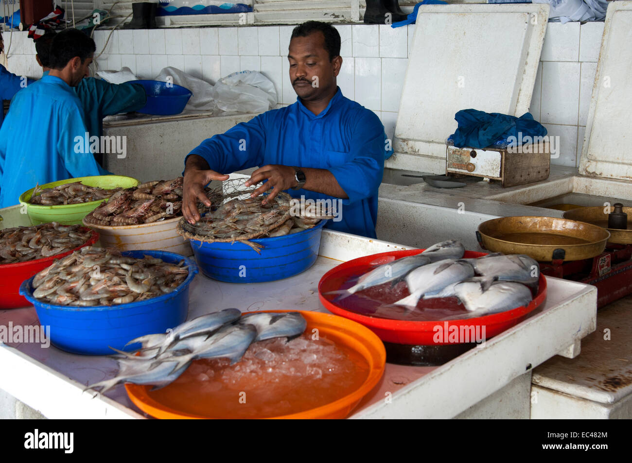 Fish mongers with fresh fish at the fish market in Sharjah, United Arab ...