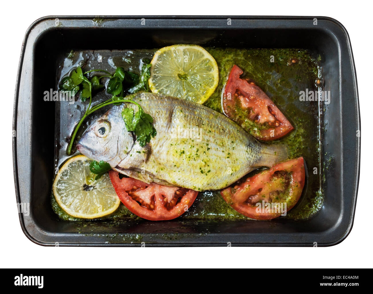 descaled fresh seabream fish marinated prepared for roasting Stock ...