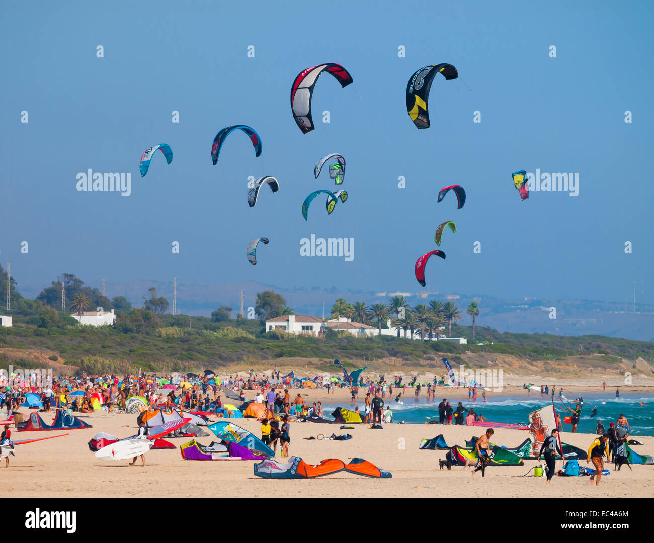 Tarifa, SPAIN -JULY 25, 2014 Beach Punta Paloma of Tarifa crowded with ...