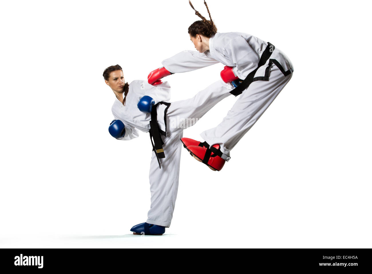 Two isolated professional female karate fighters are fighting Stock ...