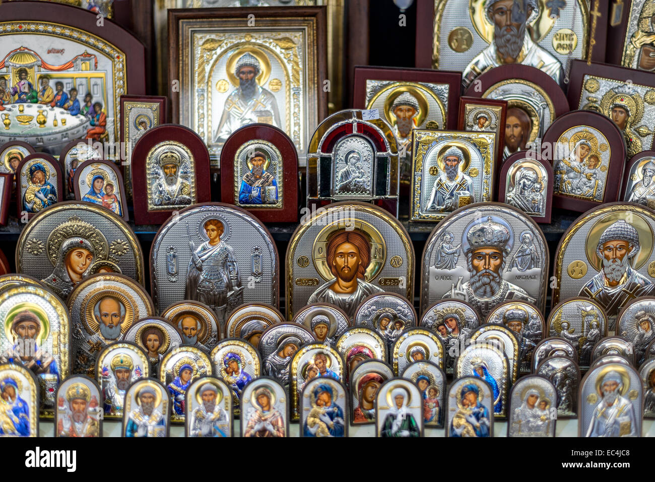 Holy greek icons displayed for sale Kos Stock Photo - Alamy