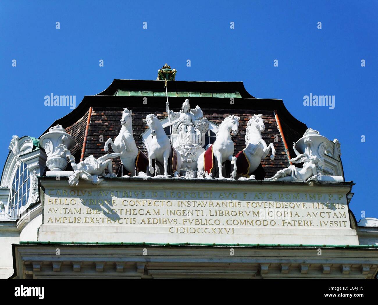 Horse group above the entrance to the national library Stock Photo - Alamy
