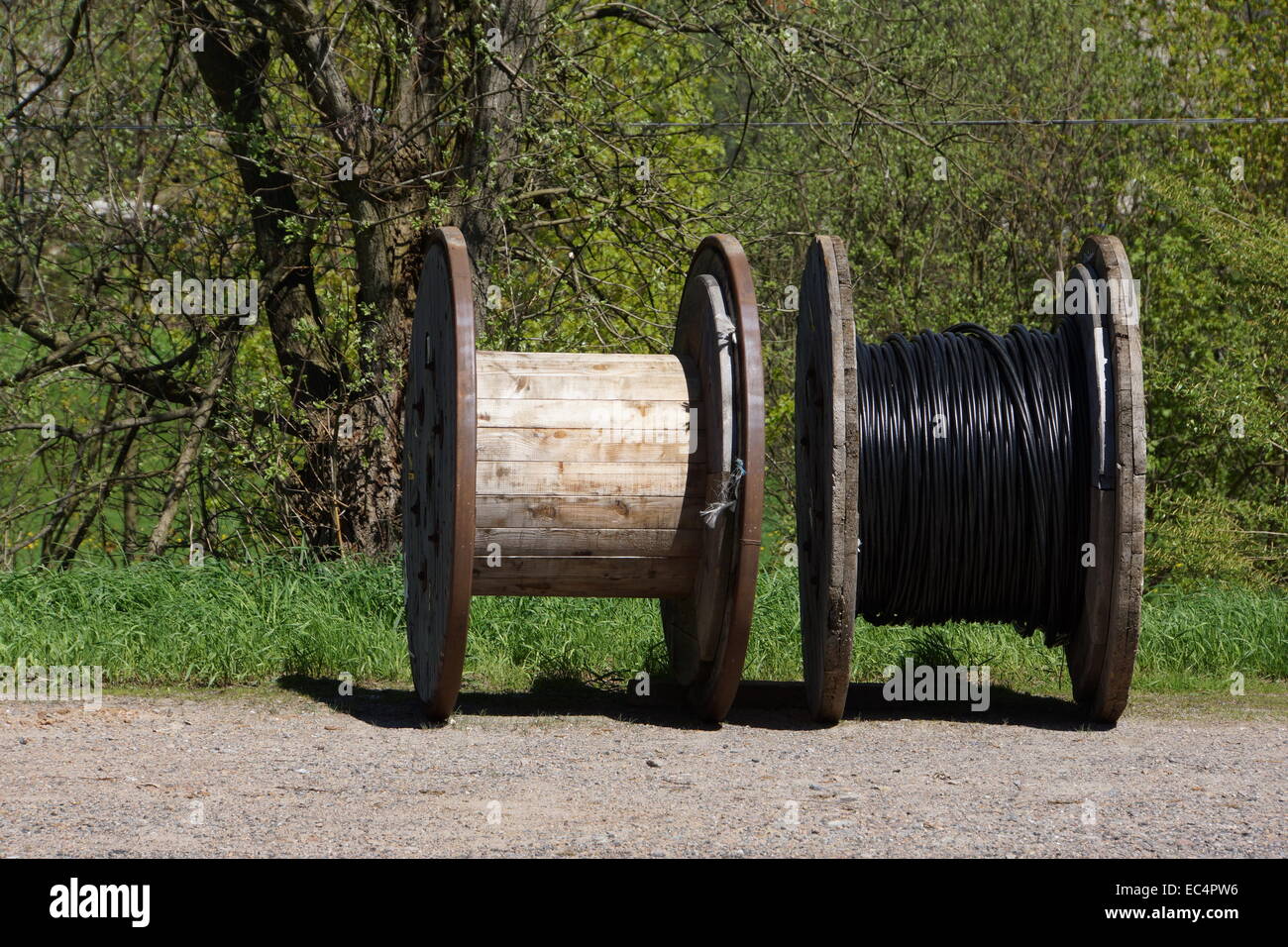 two cable drums Stock Photo - Alamy