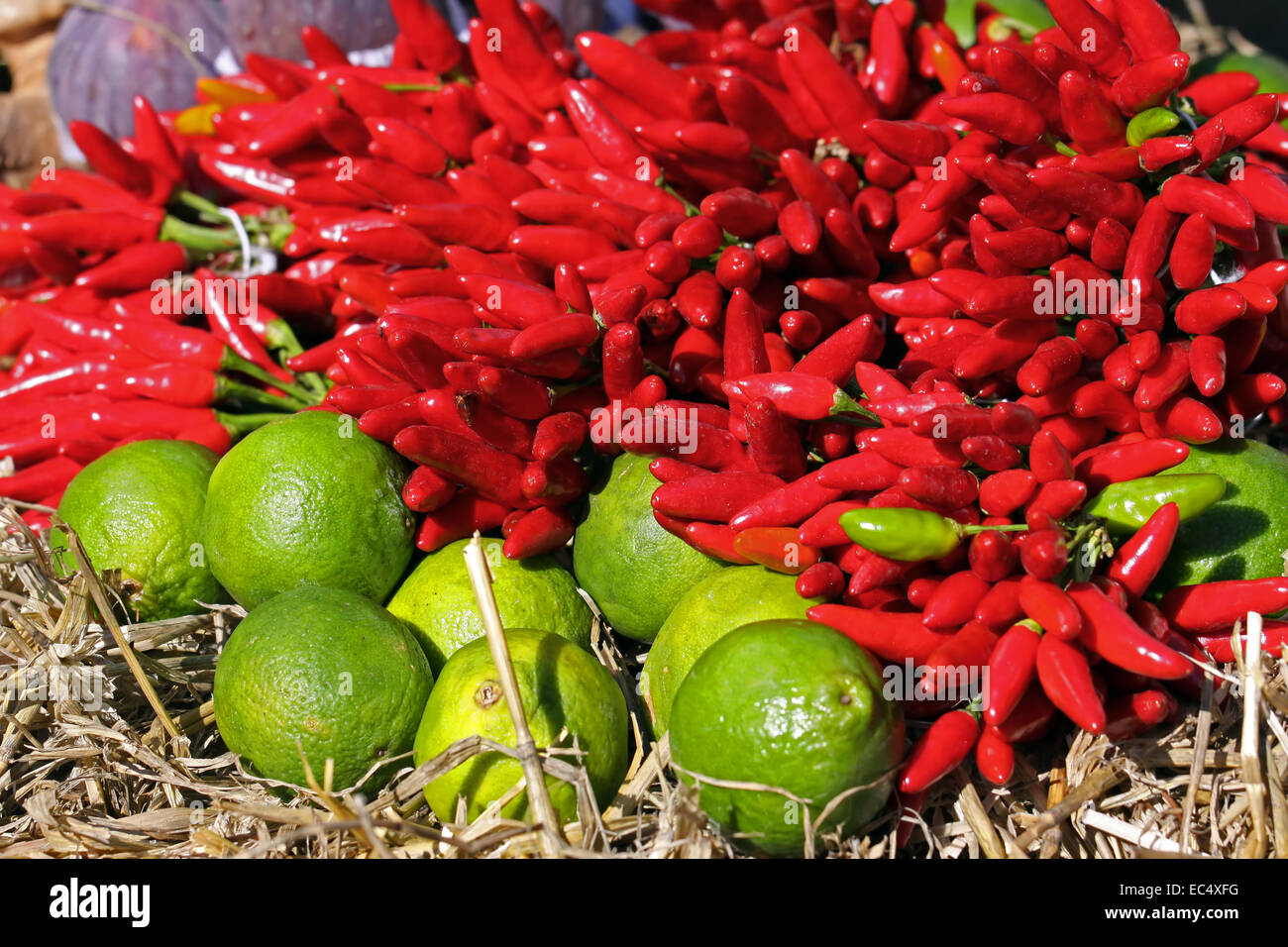 fresh red pepperoni and fresh fruit food background Stock Photo - Alamy