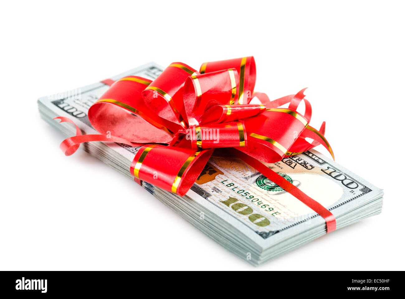 Money gift, big stack of dollars with red bow isolated on white ...