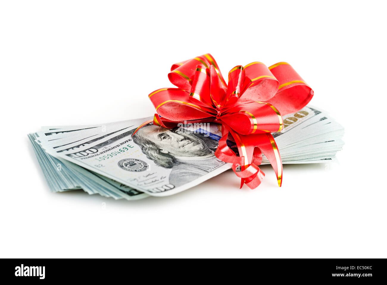 Money gift, big stack of dollars with red bow isolated on white ...