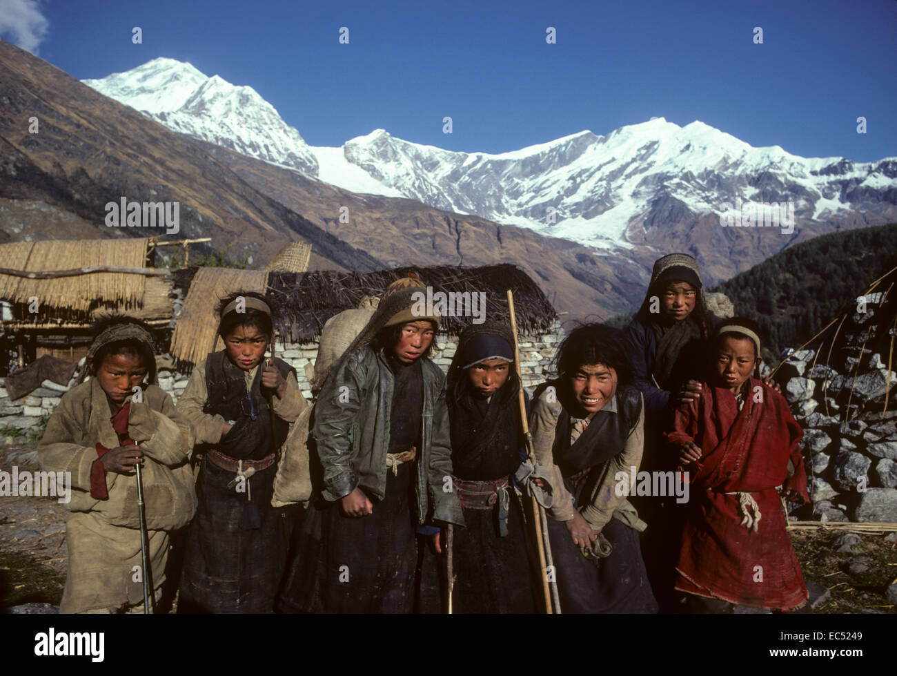 A group of children near Kalopani, Nepal, in the Kali Gandaki valley in ...