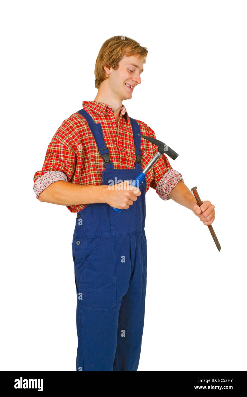 Young man with hammer and chisel Stock Photo - Alamy