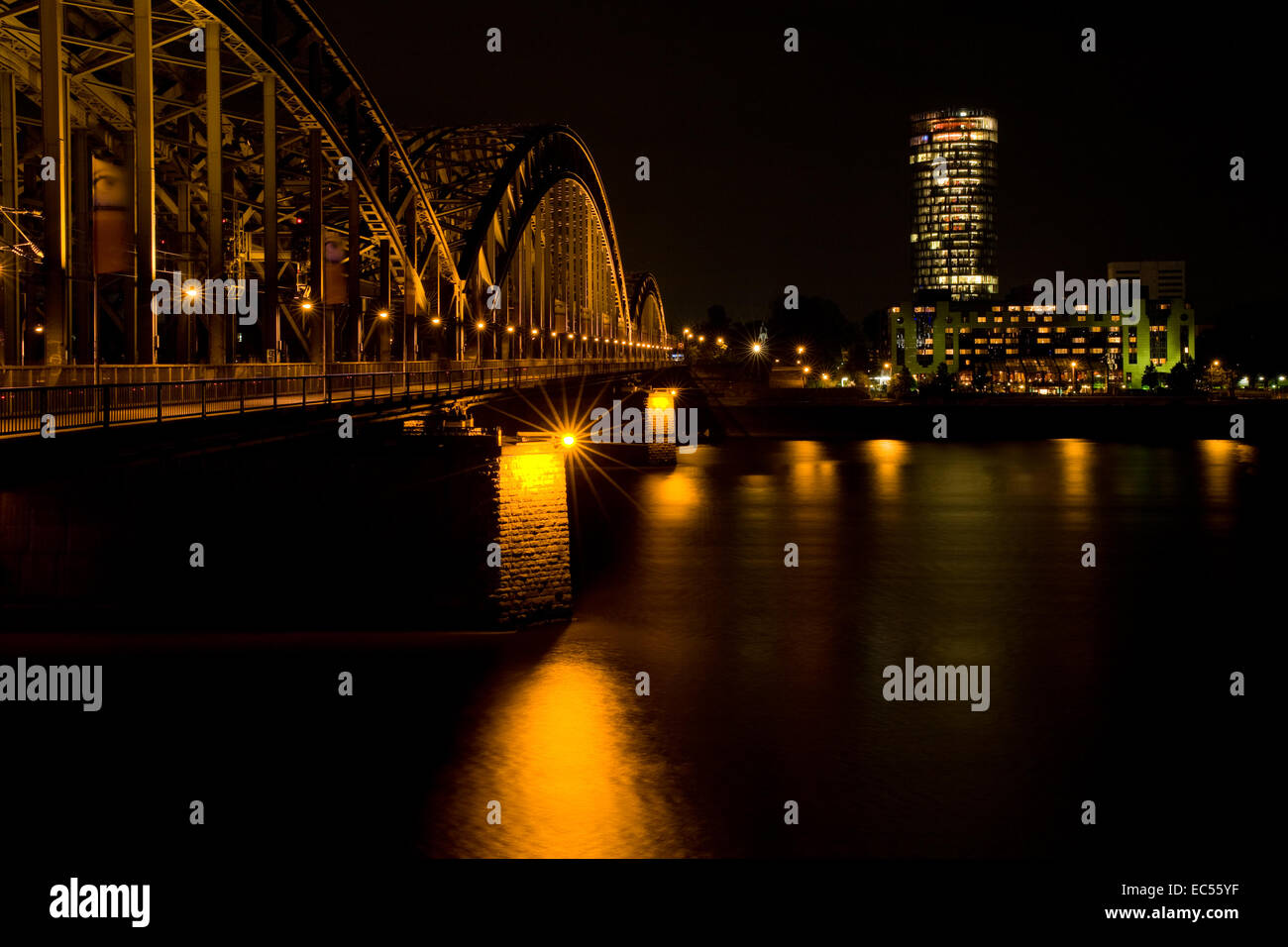 Cologne at night Rhine river view Original names Koeln and Rhein Stock ...