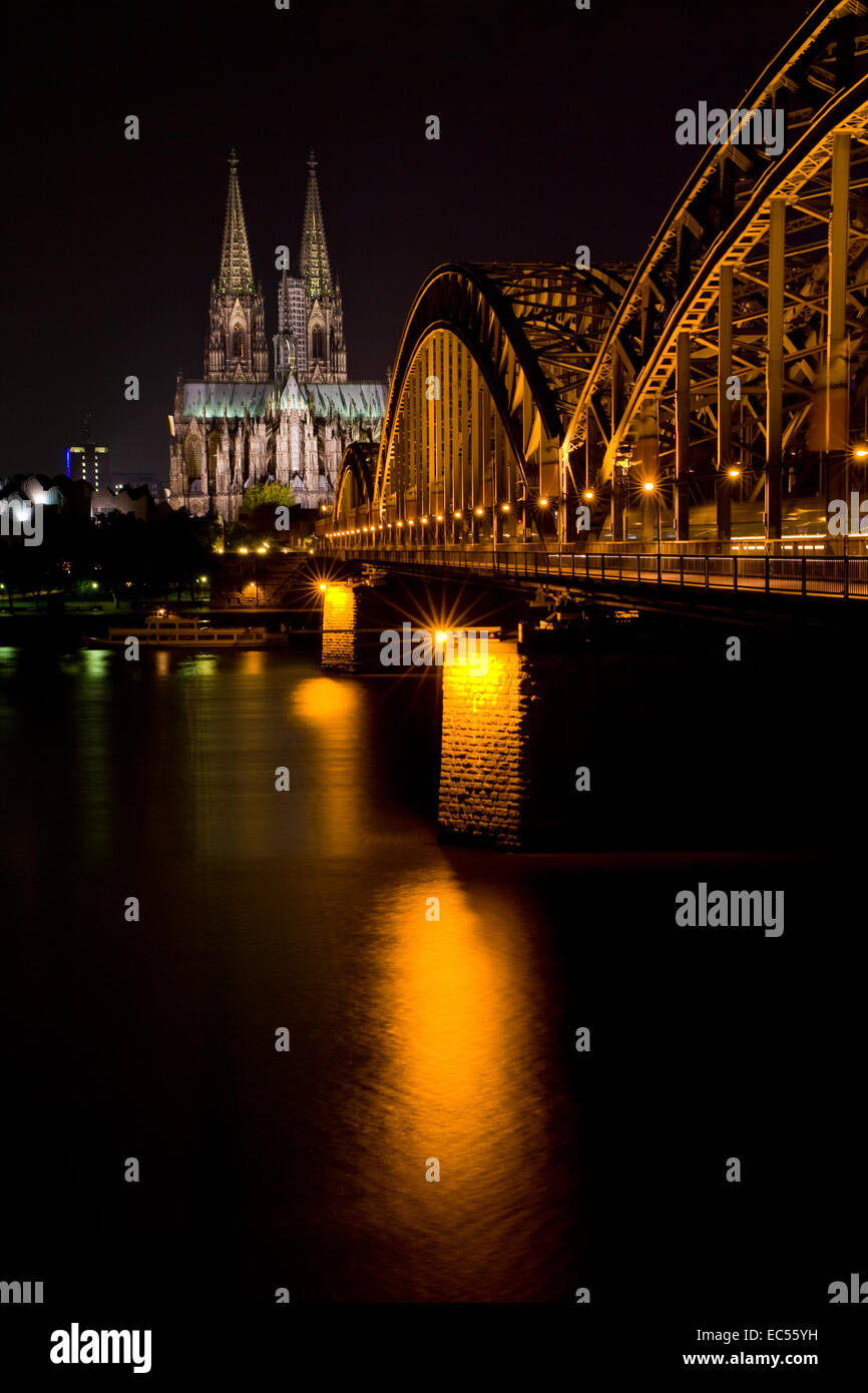 Cologne at night Rhine river view Original names Koeln and Rhein Stock ...