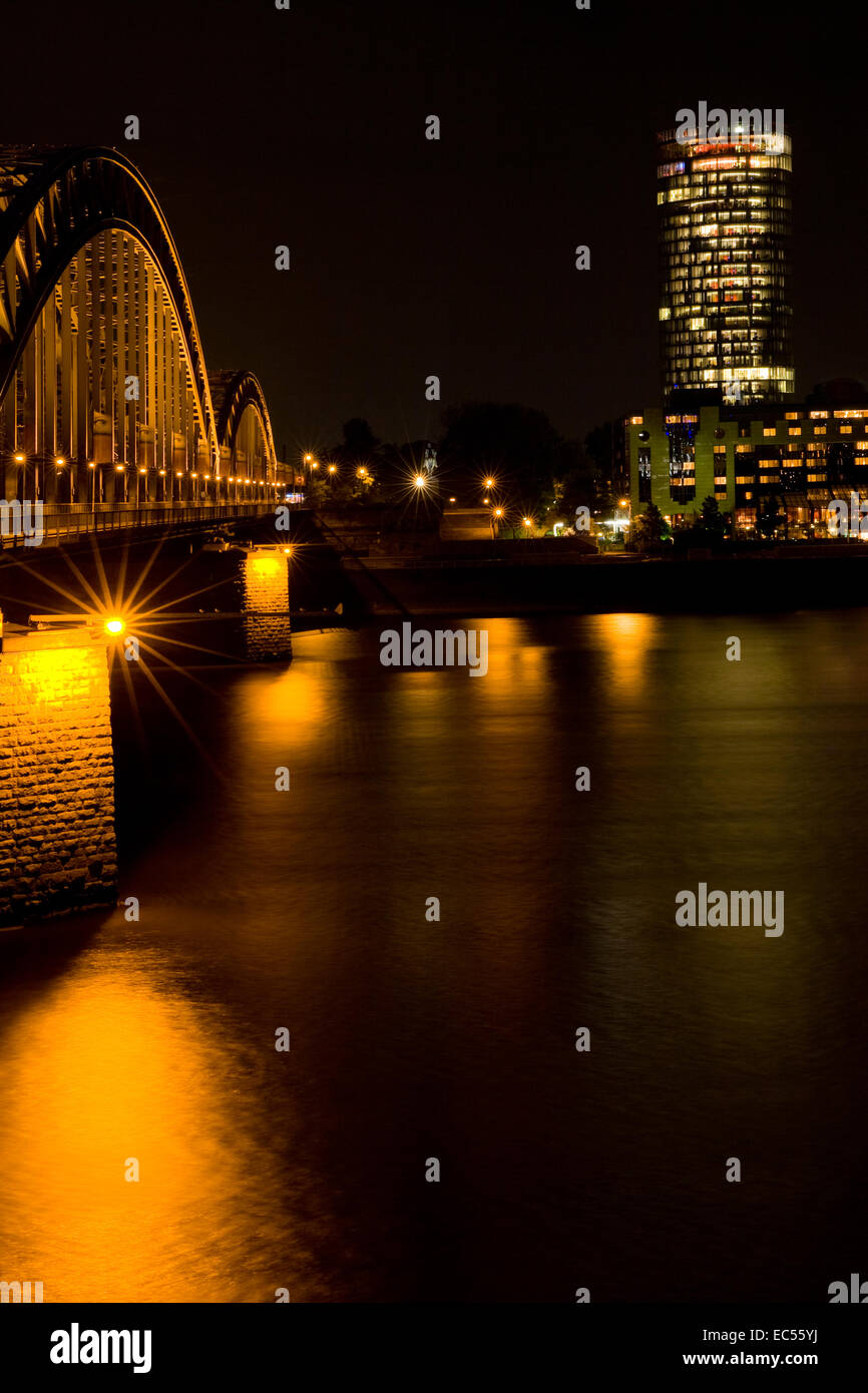 Cologne at night Rhine river view Original names Koeln and Rhein Stock ...