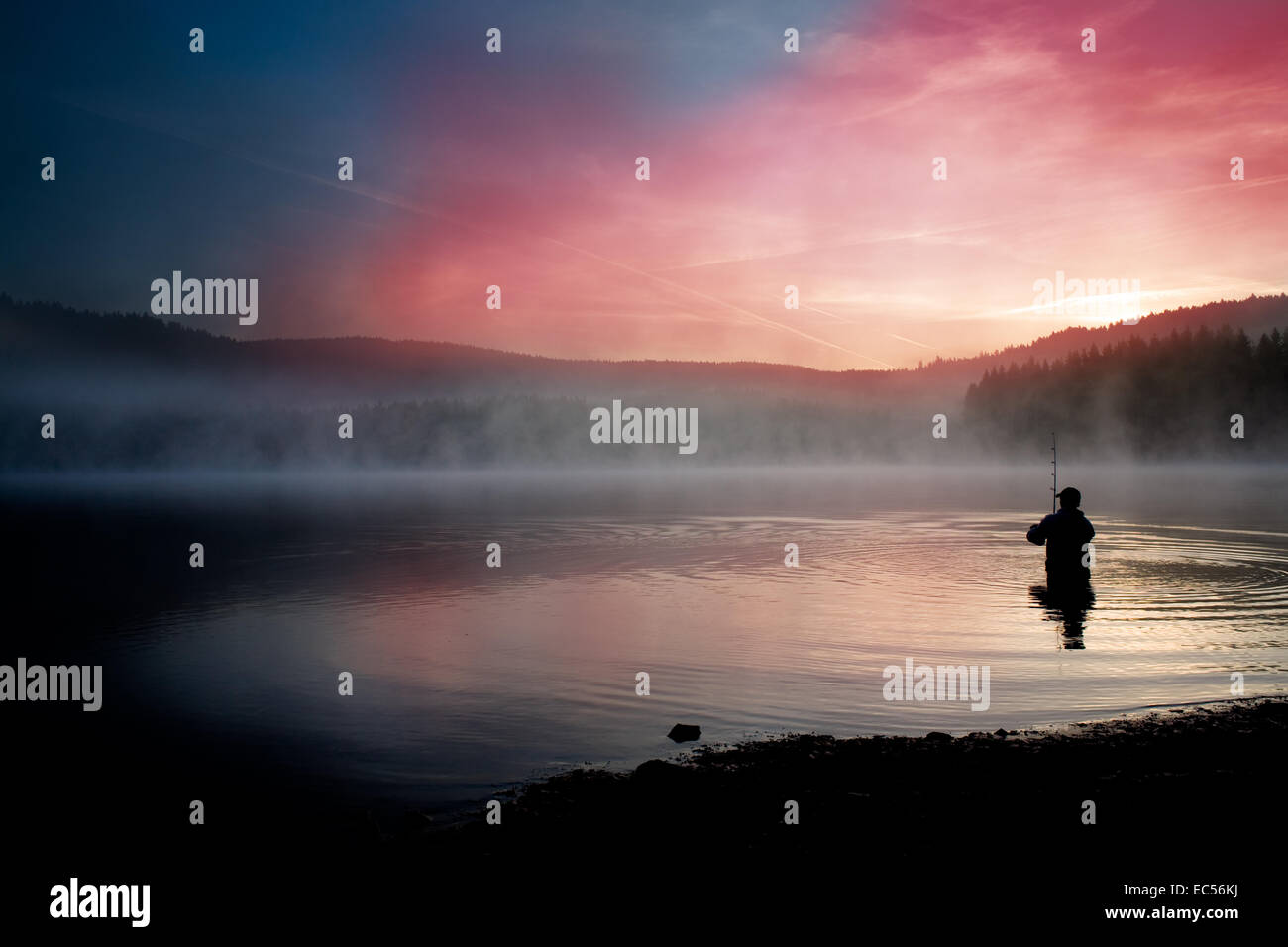a male angler fishing in the river early in the morning Stock Photo - Alamy