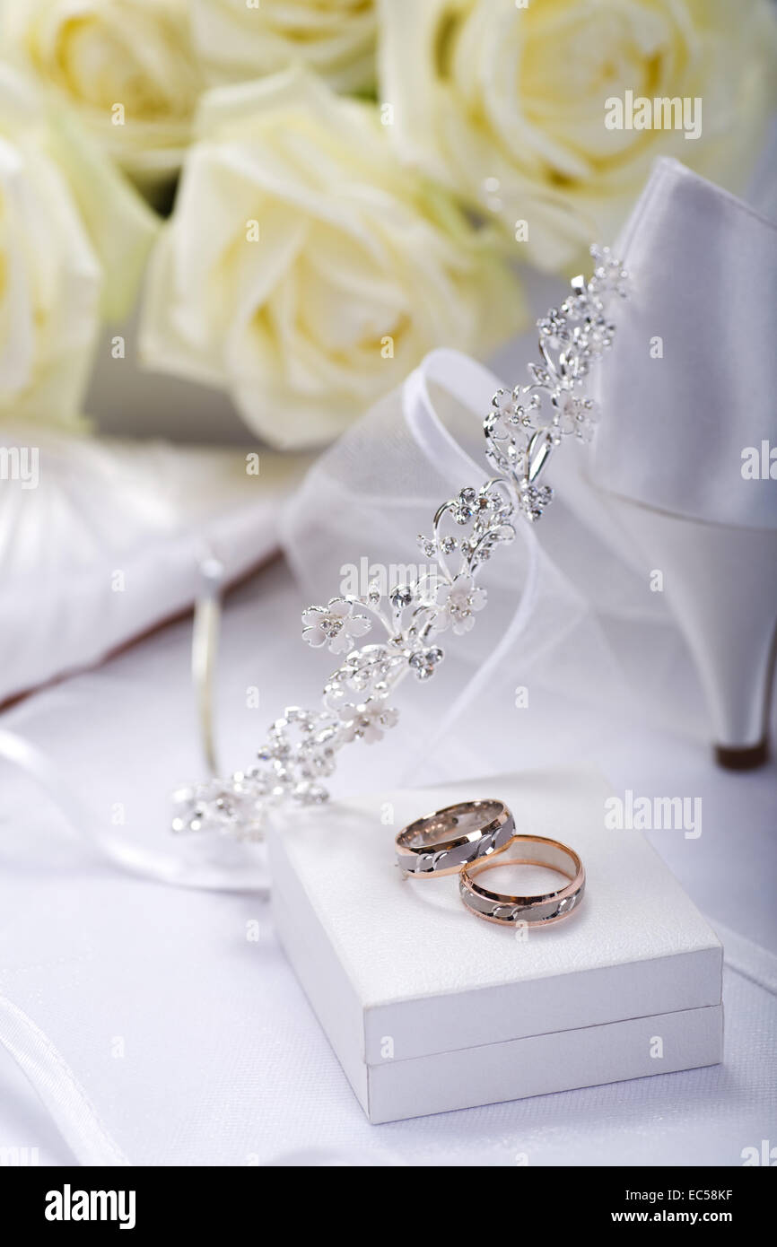 wedding still life scene with rings Stock Photo - Alamy
