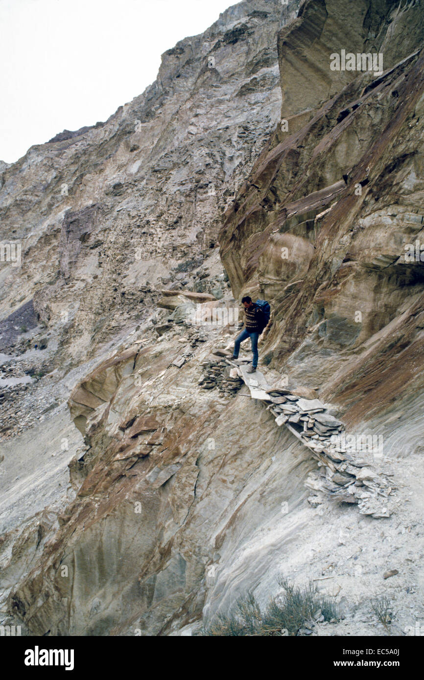 Zanskar river gorge. High mountain path. Granite rock..precarious path ...