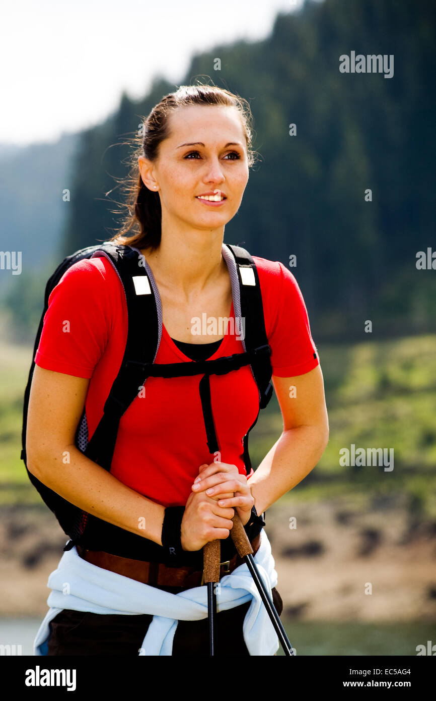 hiking woman in front of wilde nature Stock Photo - Alamy