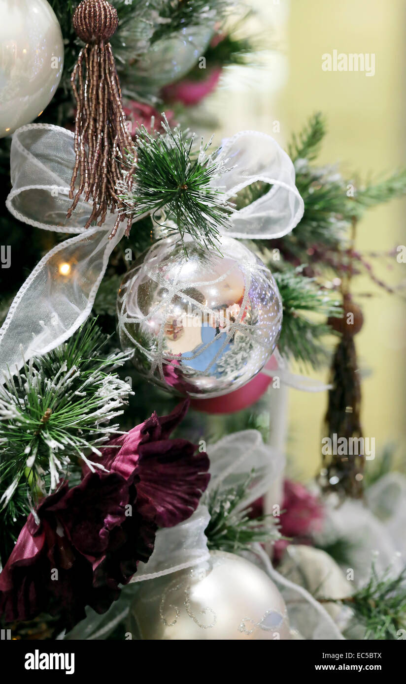 Christmas tree with beautiful toys photographed closeup Stock Photo - Alamy