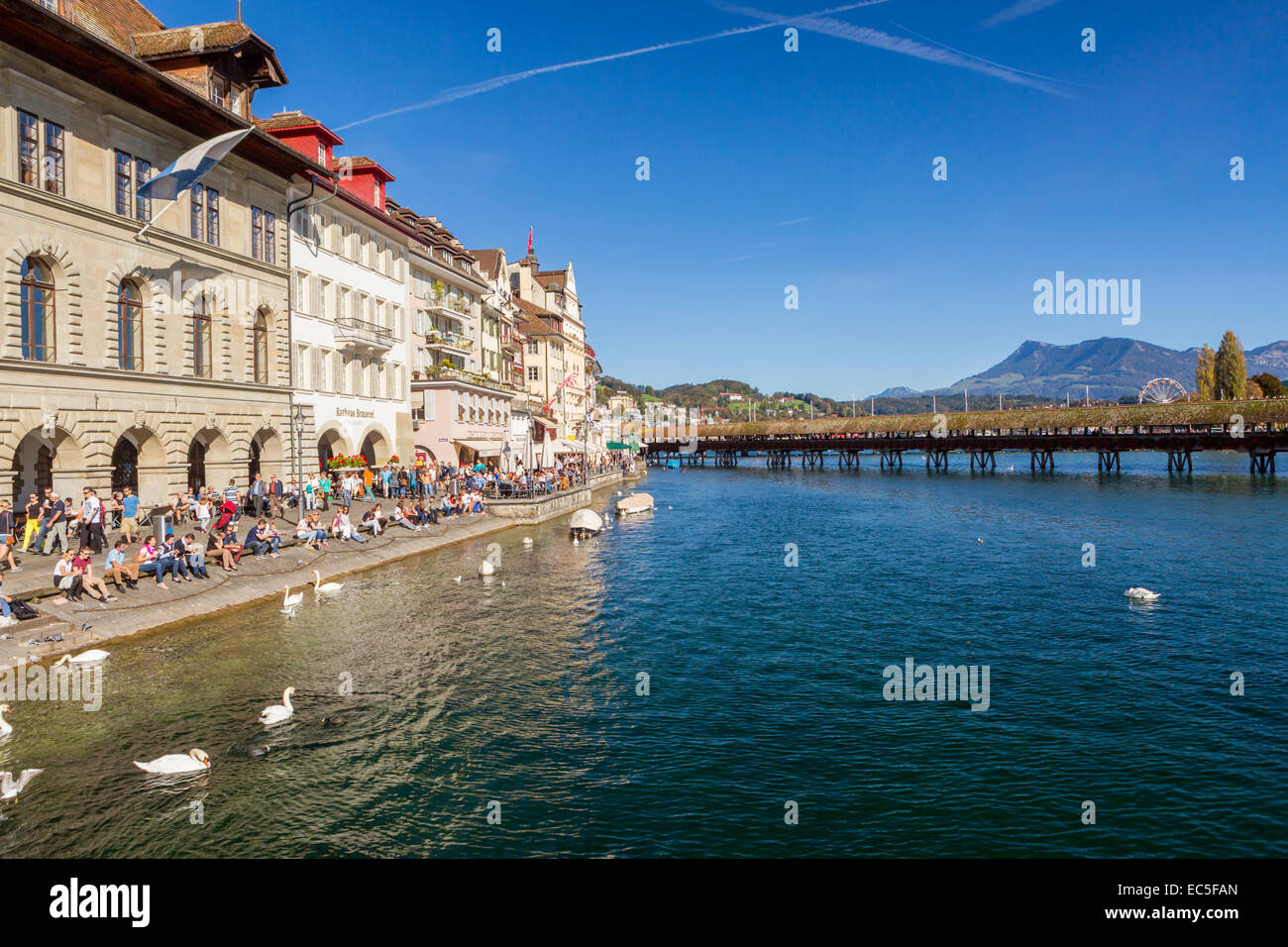 Chapel Bridge on the Reuss River, city of Lucerne at the Lake Lucerne ...