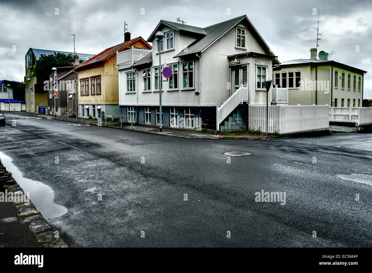 Downtown of Reykjavik with a typical architecture of building and ...