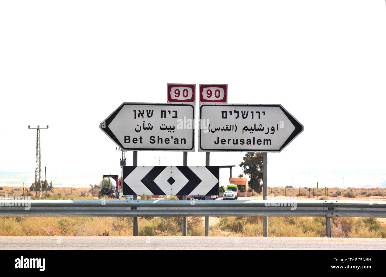 Road sign on the Higway 90 in the background of the Allenby Bridge ...