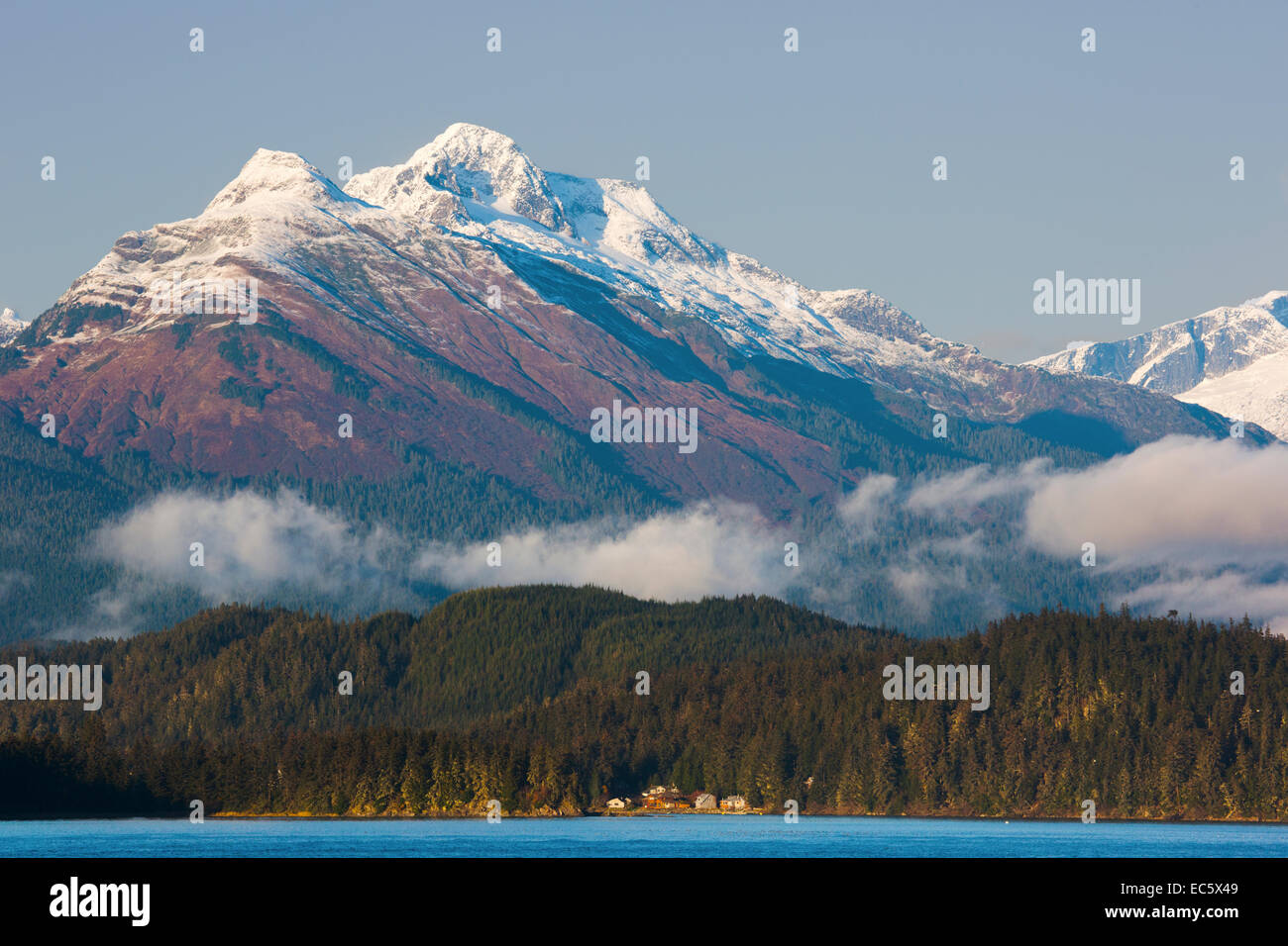 View from Douglas Island of mountains soaring above Juneau, capital ...