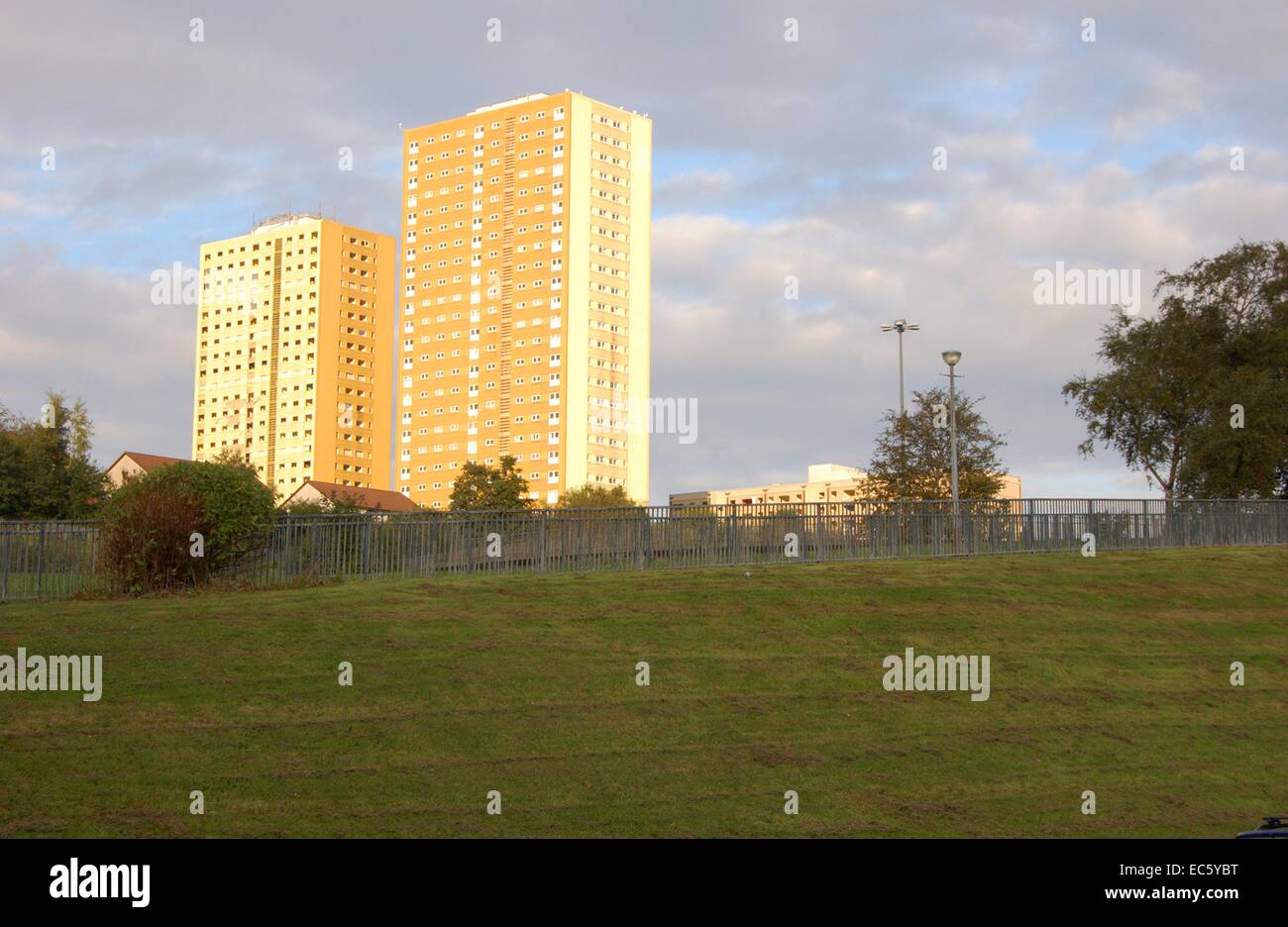 Tower blocks next to the M8 motorway in Royston in Glasgow, Scotland ...