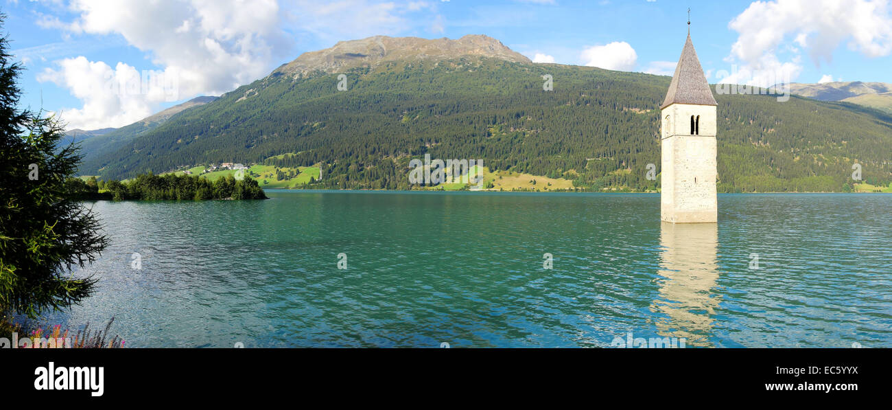 sunken church tower in lake Reschen panorama Stock Photo - Alamy
