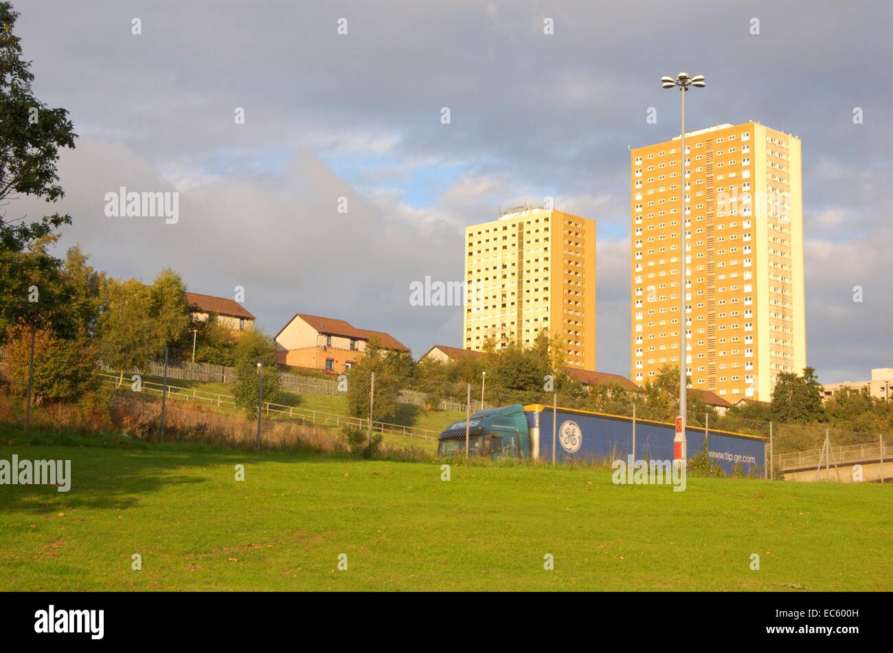 Tower blocks next to the M8 motorway in Royston in Glasgow, Scotland ...
