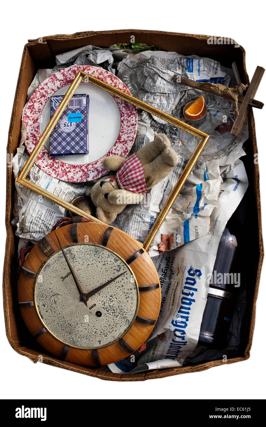 flea market wares in a box Stock Photo - Alamy