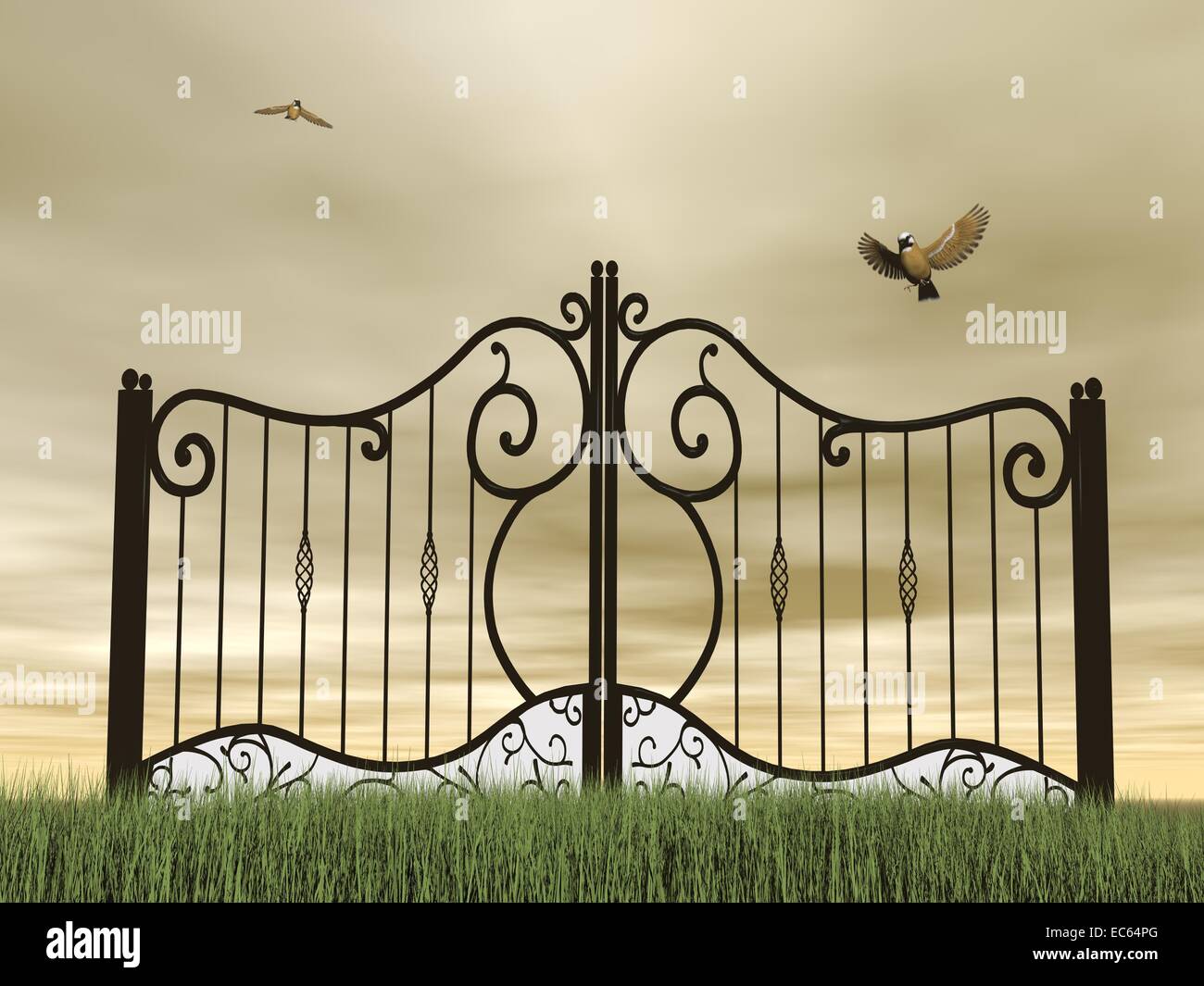 One vintage black closed gate in nature with two birds flying around by ...