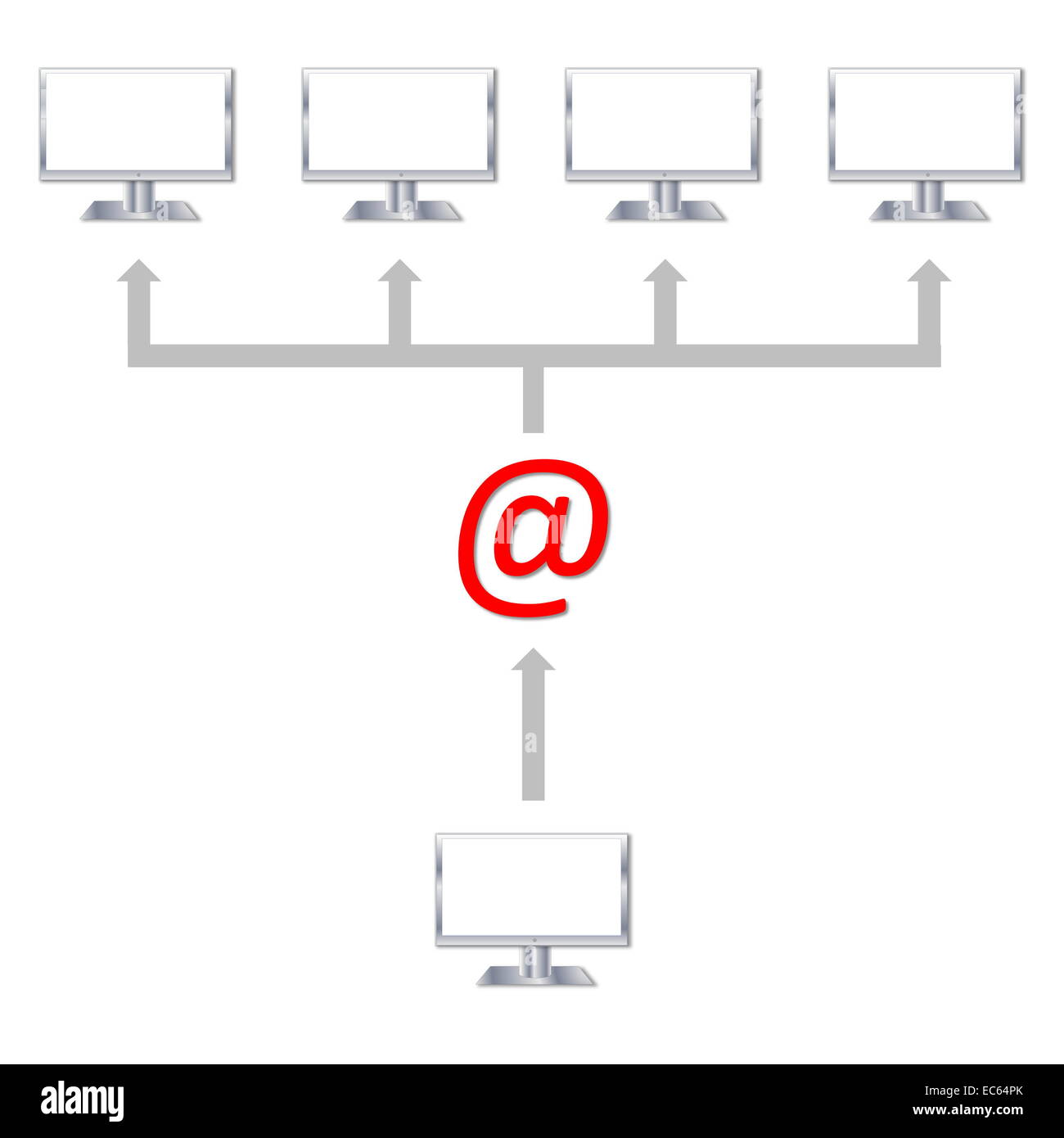 One email sent to many computers in white background Stock Photo - Alamy