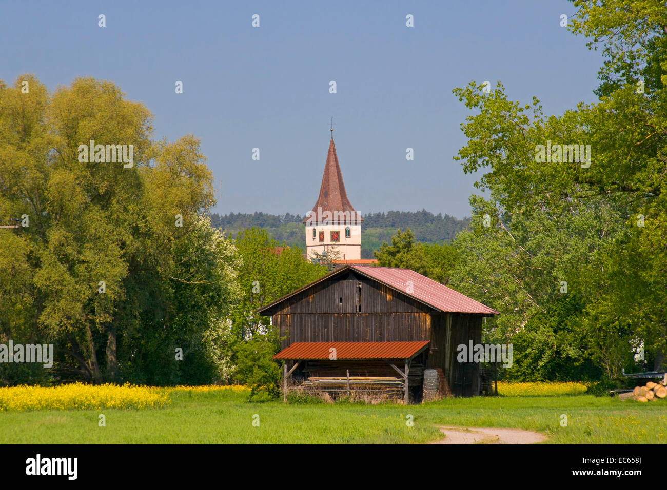 Landscape with cabin and church Stock Photo - Alamy