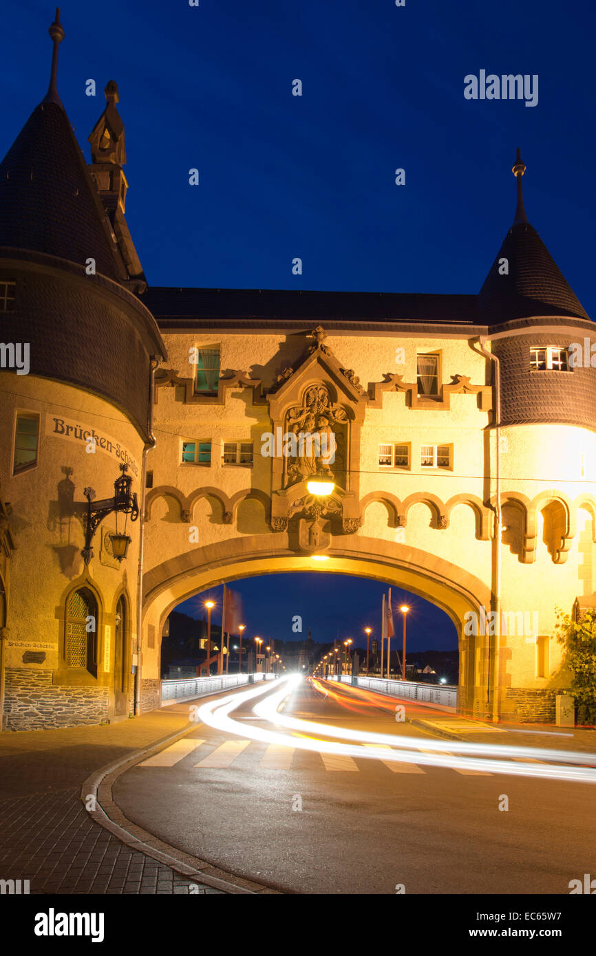 Brückentor Bridge Gate at the Moselle Bridge night shot Traben Trarbach ...