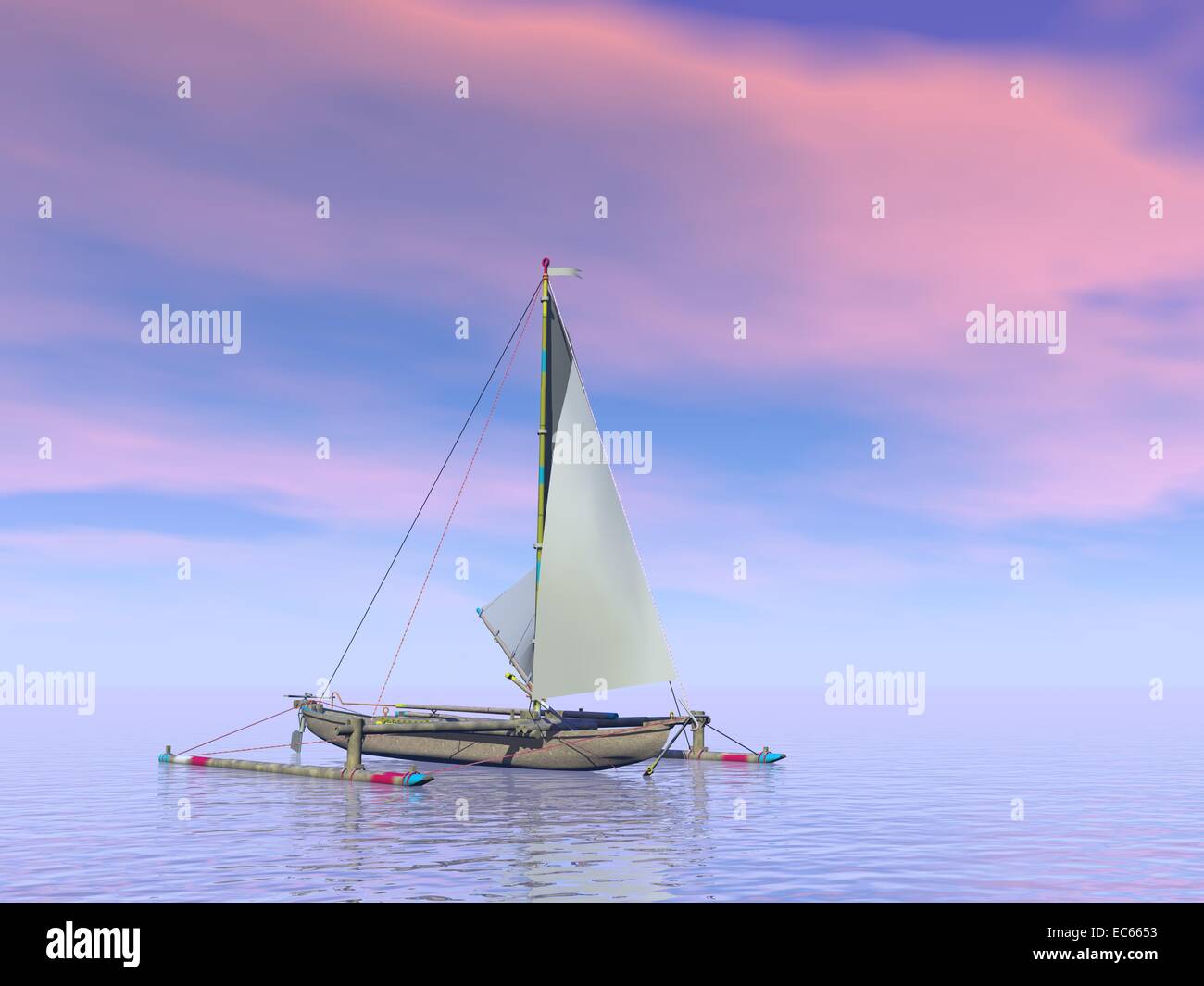 Single trimaran boat floating on the water by pink sunset Stock Photo ...