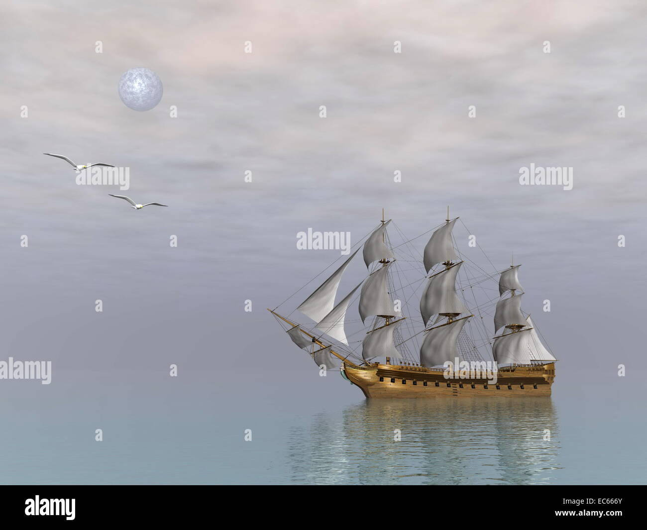Beautiful detailed old merchant ship on quiet ocean near seagulls and ...