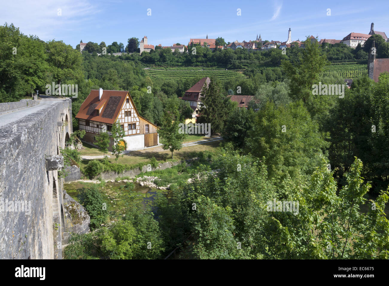 Taubertal valley with Tauberbrücke Tauber bridge in the back Rothenburg ...