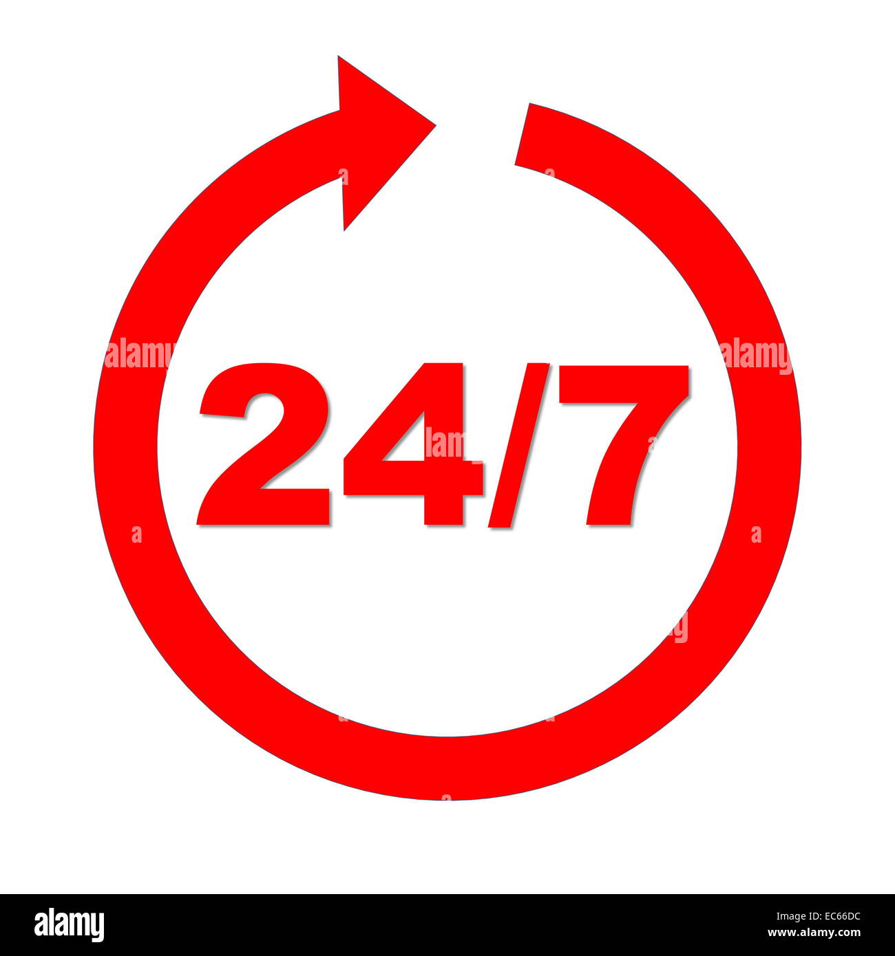 Red 24 upon 7 into circle arrow in white background Stock Photo - Alamy