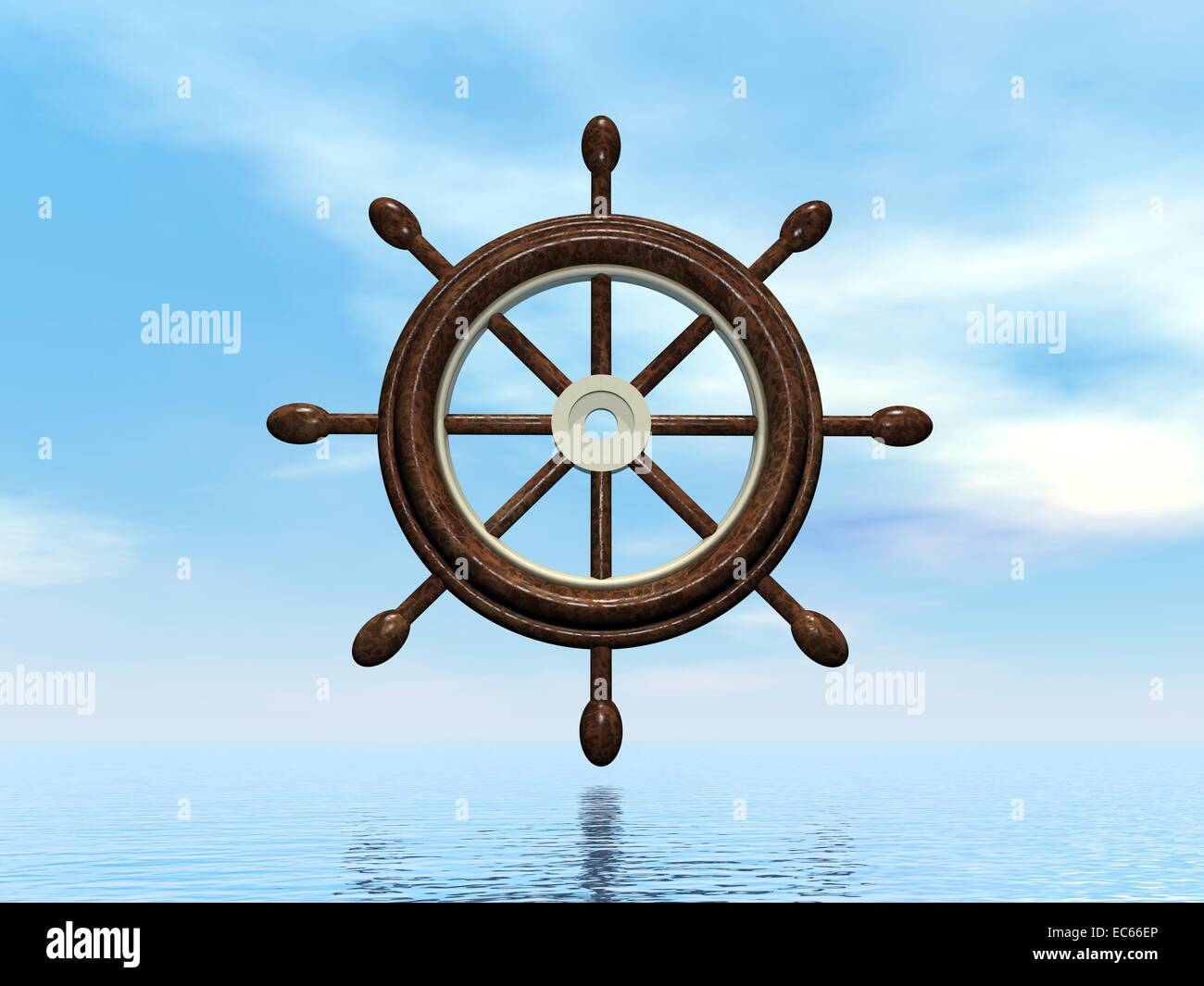 Beautiful old wooden ship wheel upon blue ocean Stock Photo - Alamy