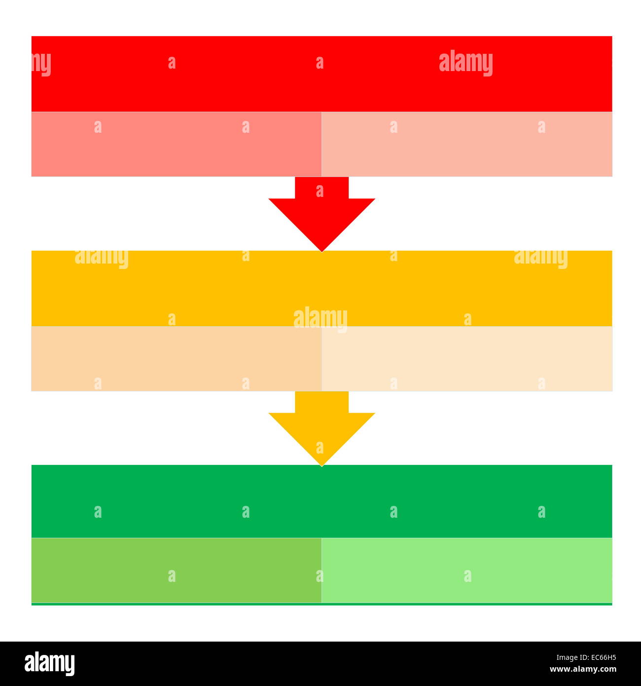 Red, orange and green shape to describe process with arrows in white ...