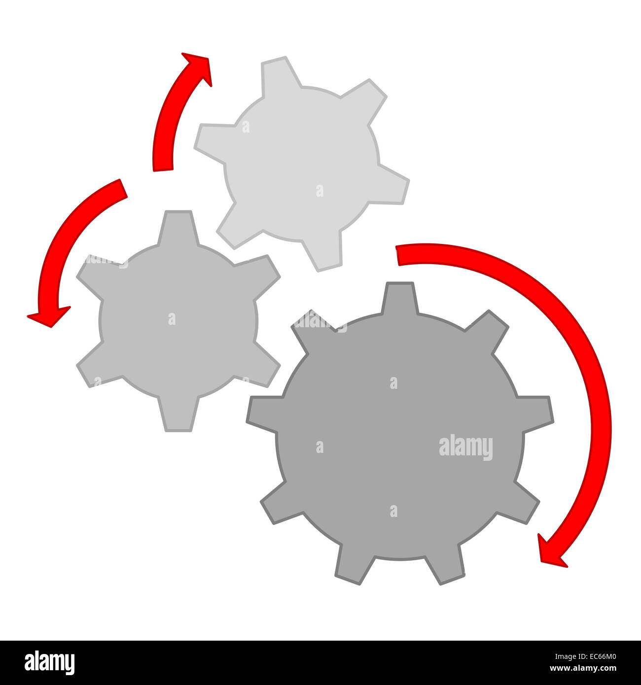Three grey gears and red arrows to show wrong movement in white ...
