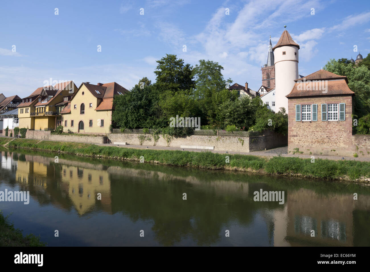 Promenade on the Tauber River with Kittsteintor, Wertheim, Main-Tauber ...