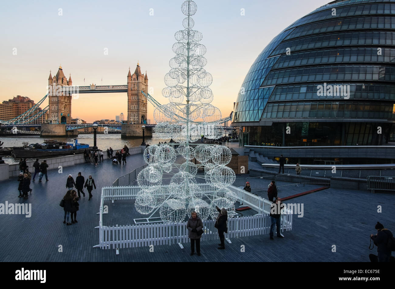 Christmas decorations on the south bank of the River Thames, London ...