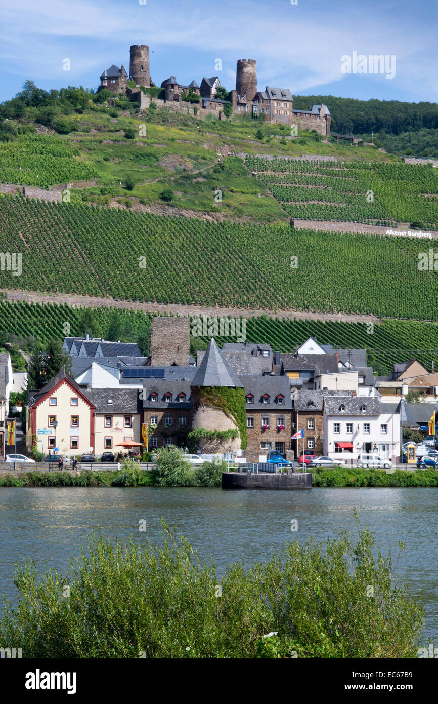 View across the Moselle River towards Alken with Burg Thurant castle ...