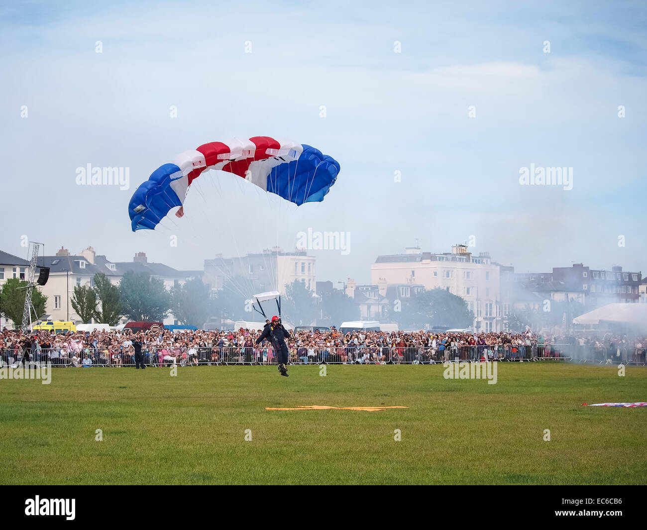 A Member of the RAF Falcons parachute display team lands on Southsea ...