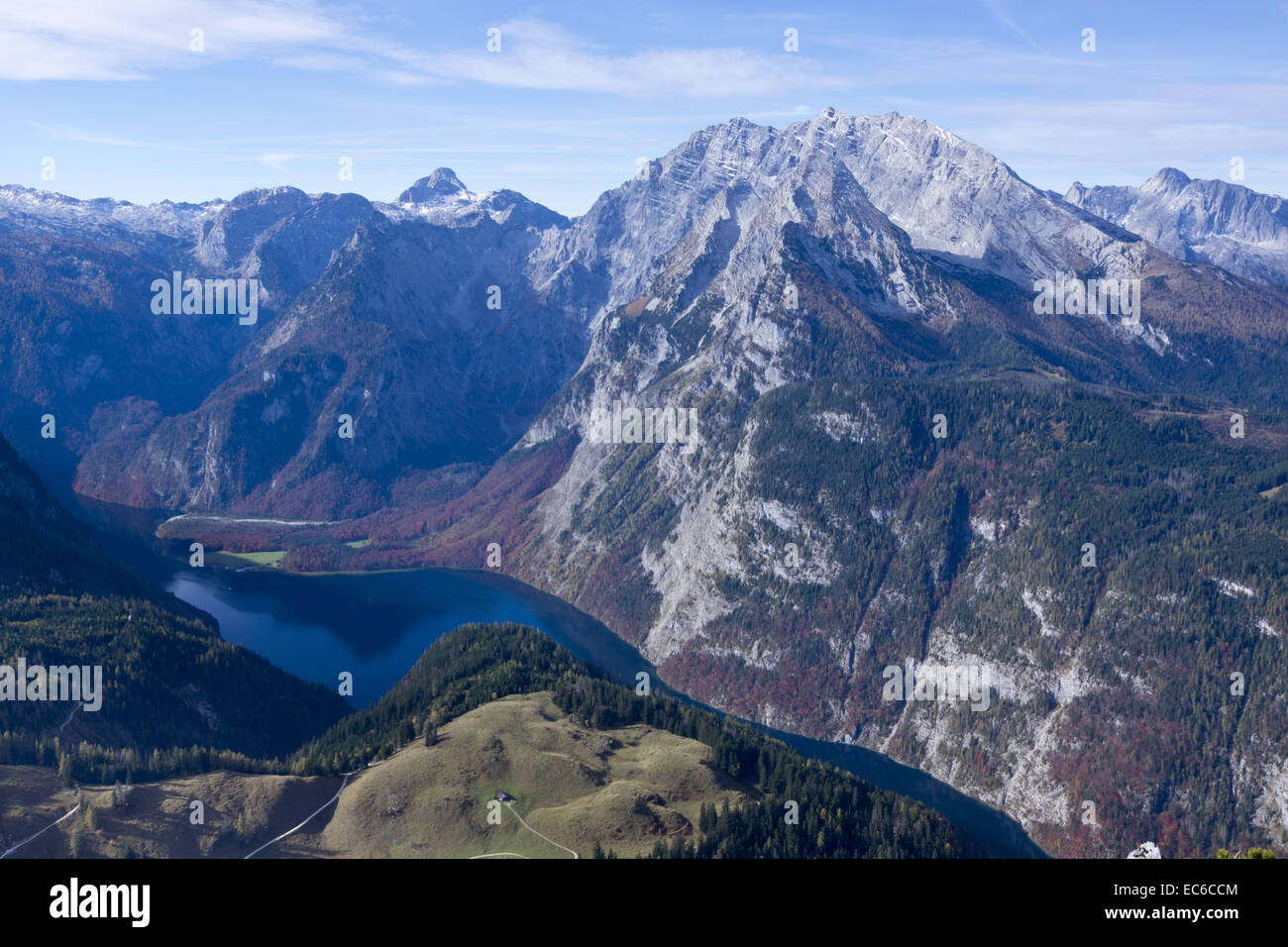 View from Mt. Jenner on the Koenigssee in the back Mt. Watzmann ...