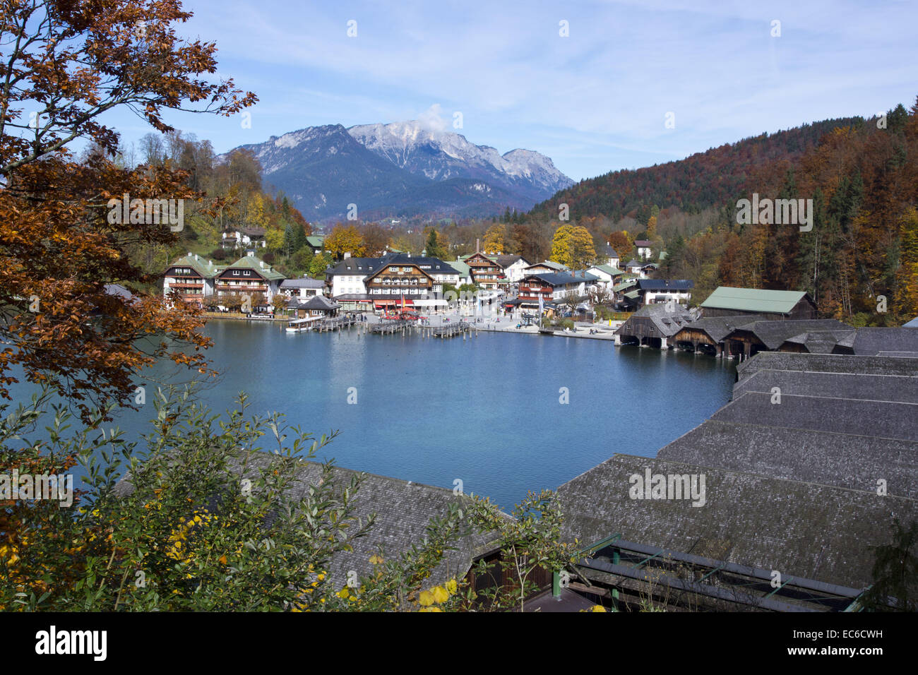 Lake Koenigssee with the city of Schoenau am Koenigssee Berchtesgaden ...