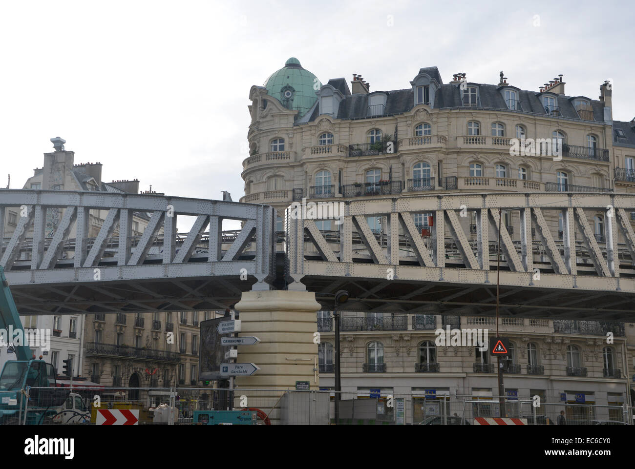 Paris Metro 6 line, overhead track with metal bridges and raised ...