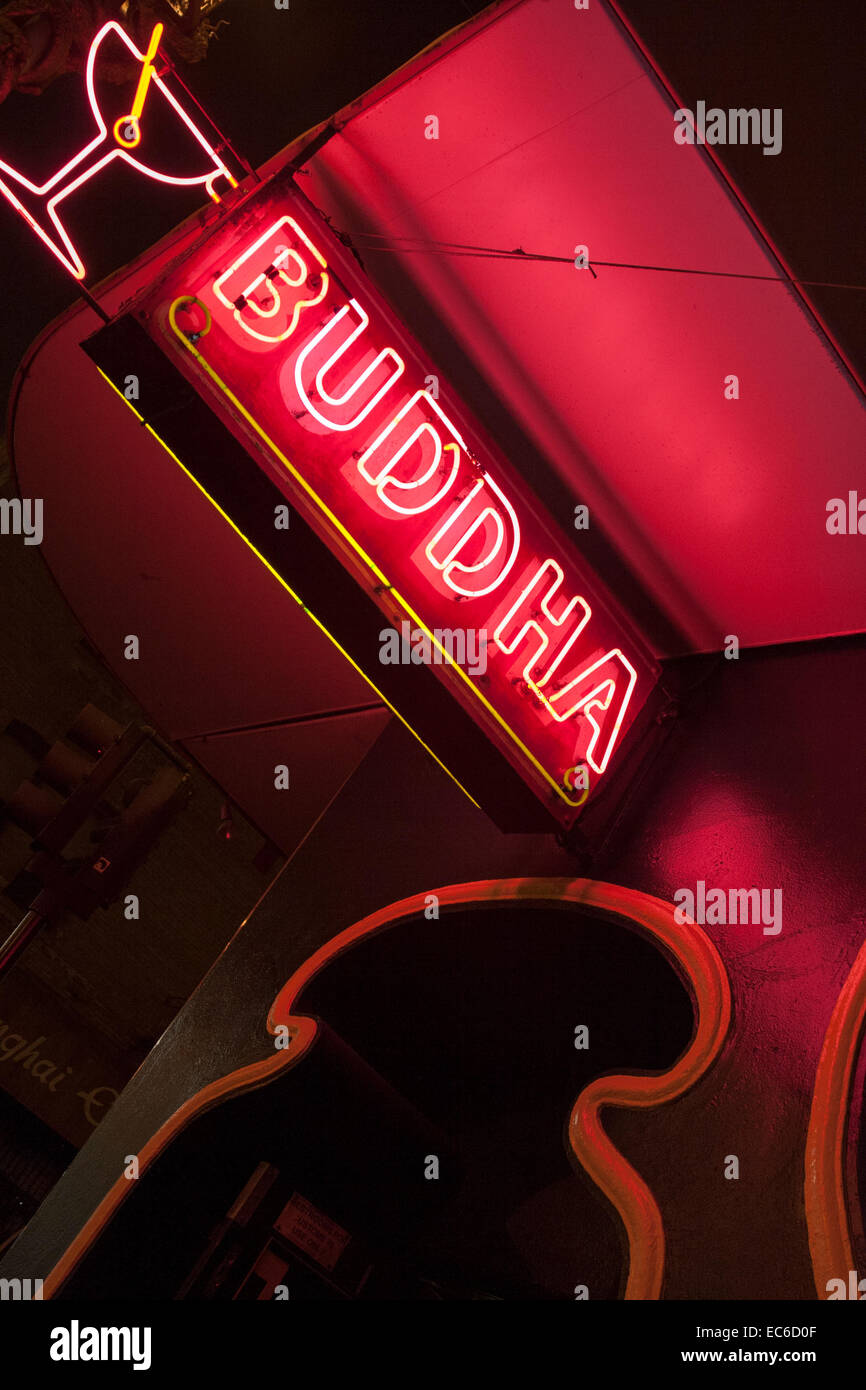 The neon sign of The Buddha Bar in Chinatown in San Francisco ...